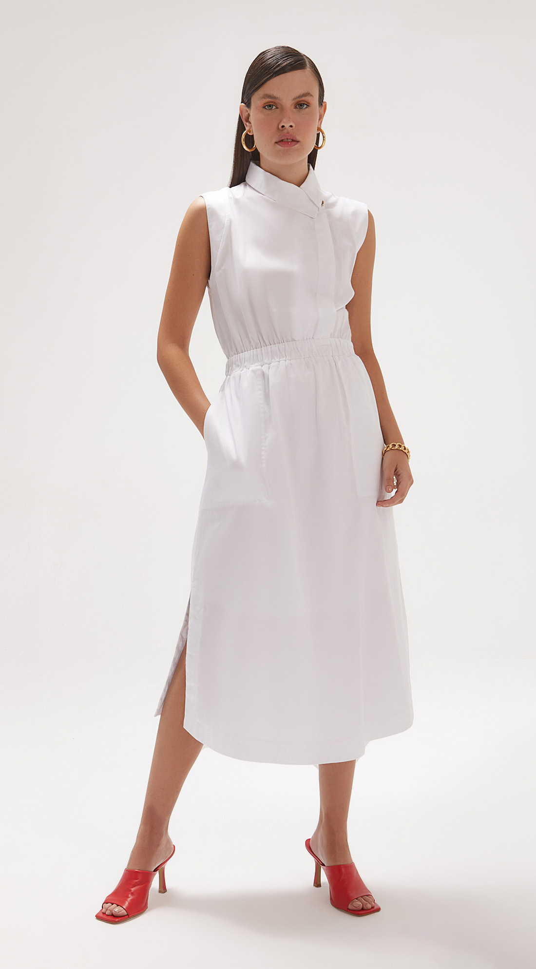 SIDE SLIT OFFSET COLLAR MIDI